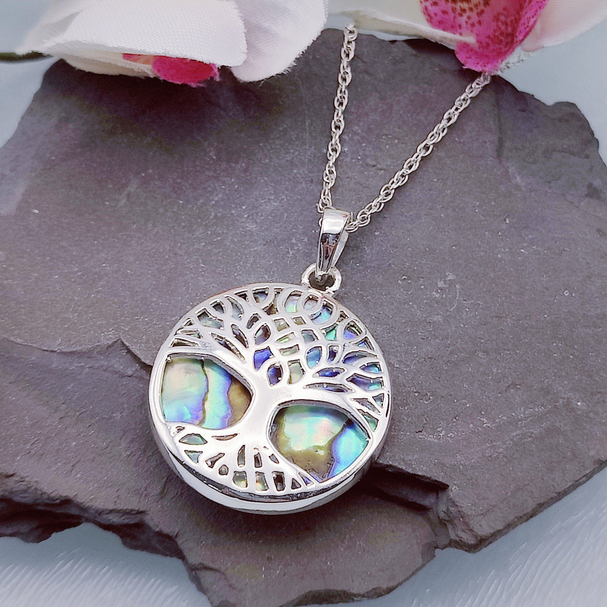 Abalone Shell Pendant | 28mm Tree of Life | Reversible | Sterling Silv ...