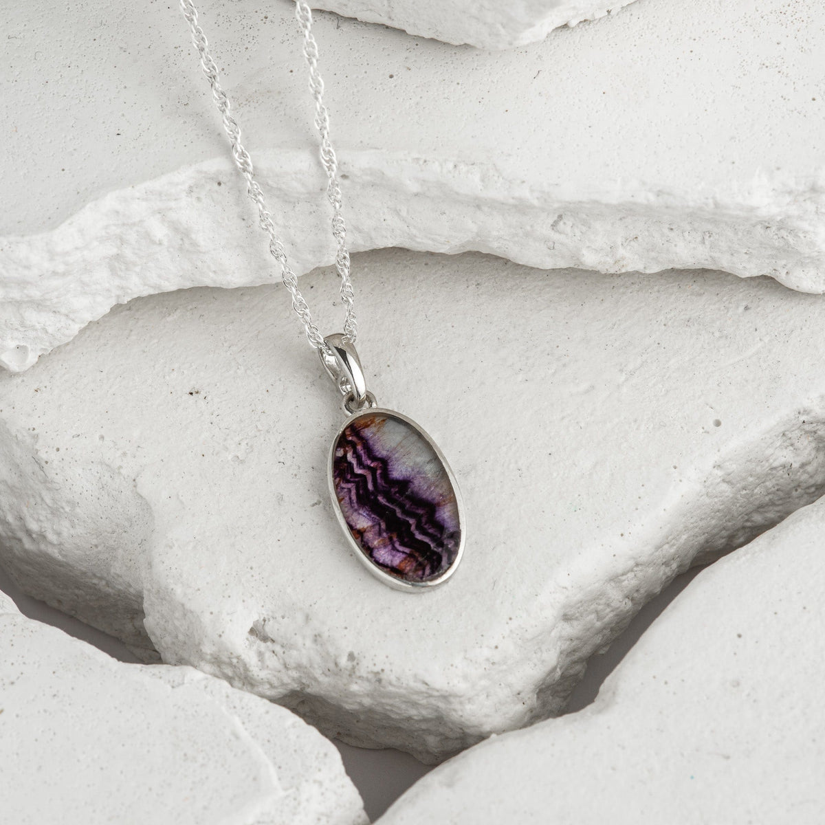 Blue John Pendant | British Gemstone Necklace | Oval | Sterling Silver ...