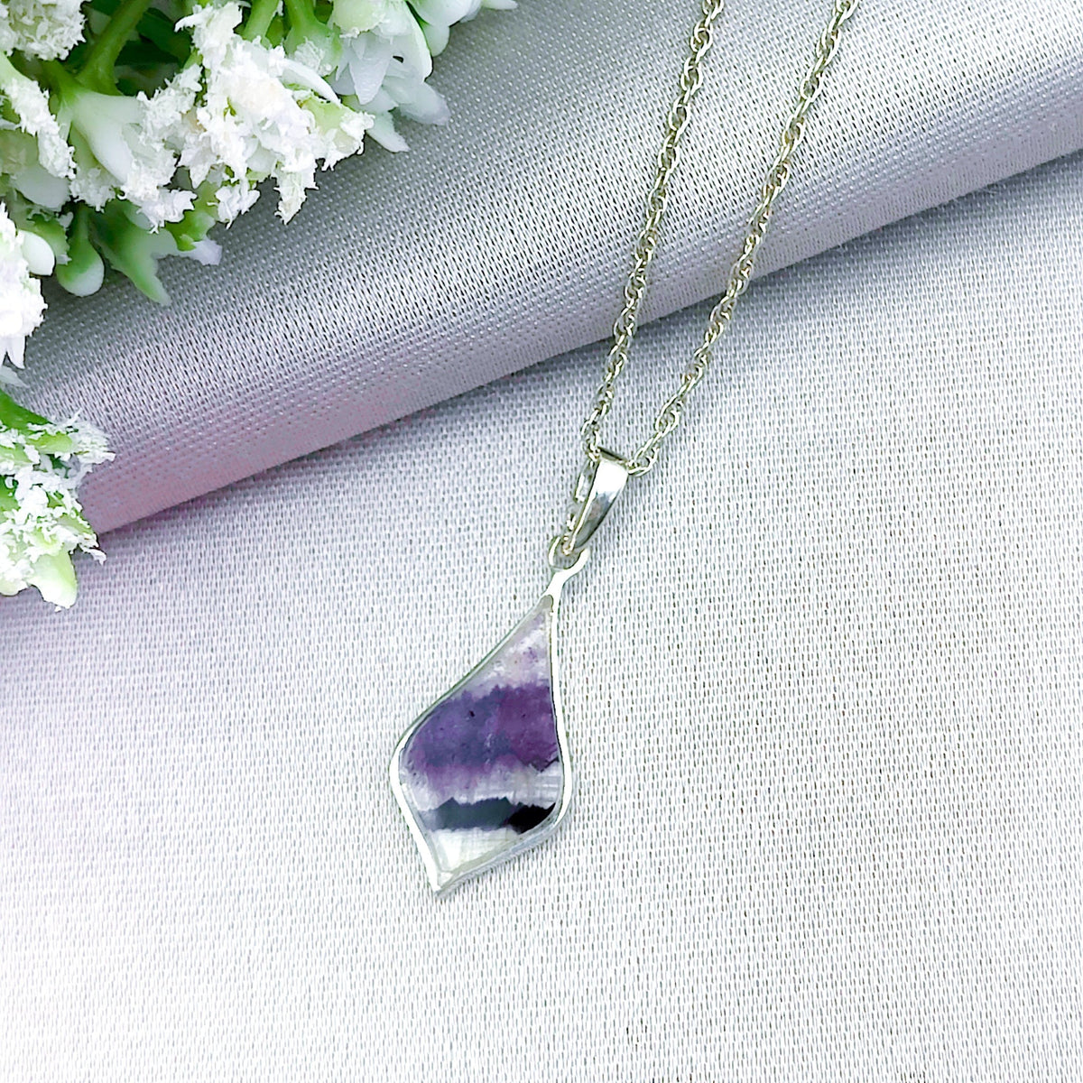 Blue John Pendant | British Gemstone Necklace | Wave | Sterling Silver ...