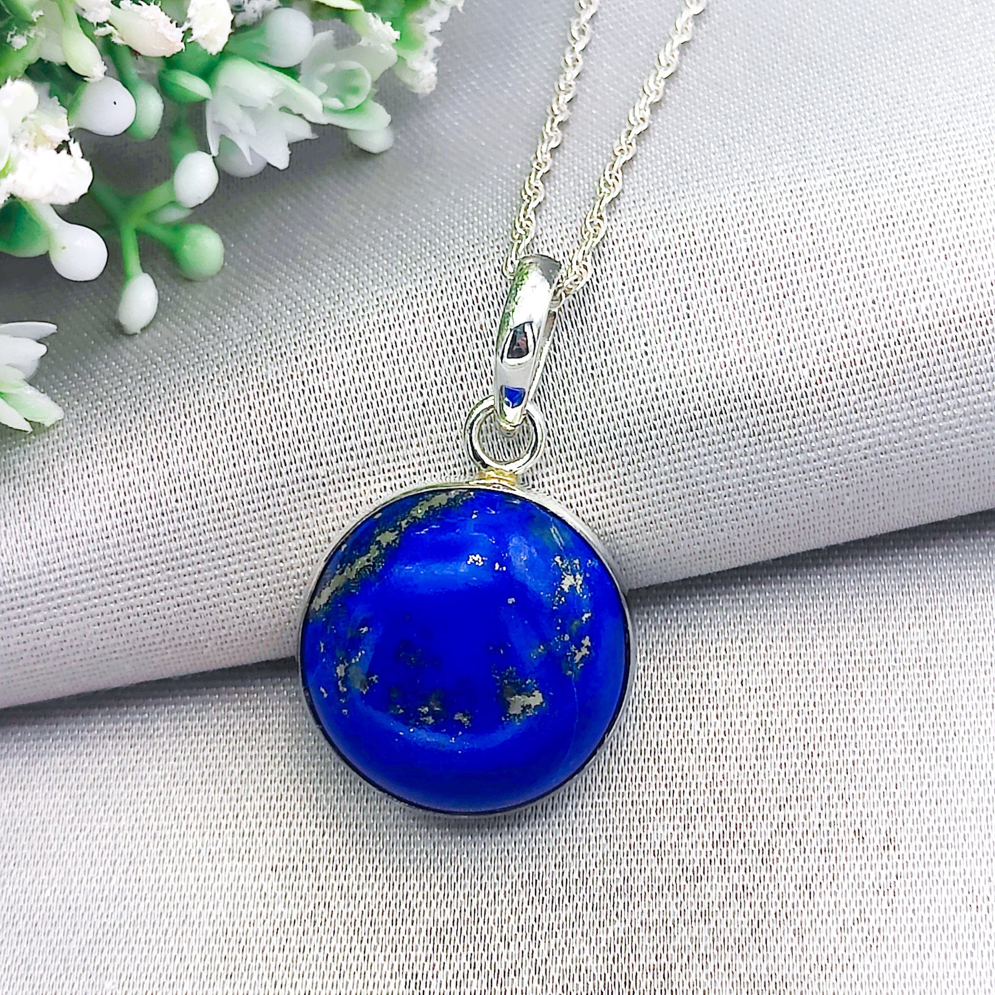 Lapis Lazuli Pendant 20mm Circle September Birthstone Sterling Silver