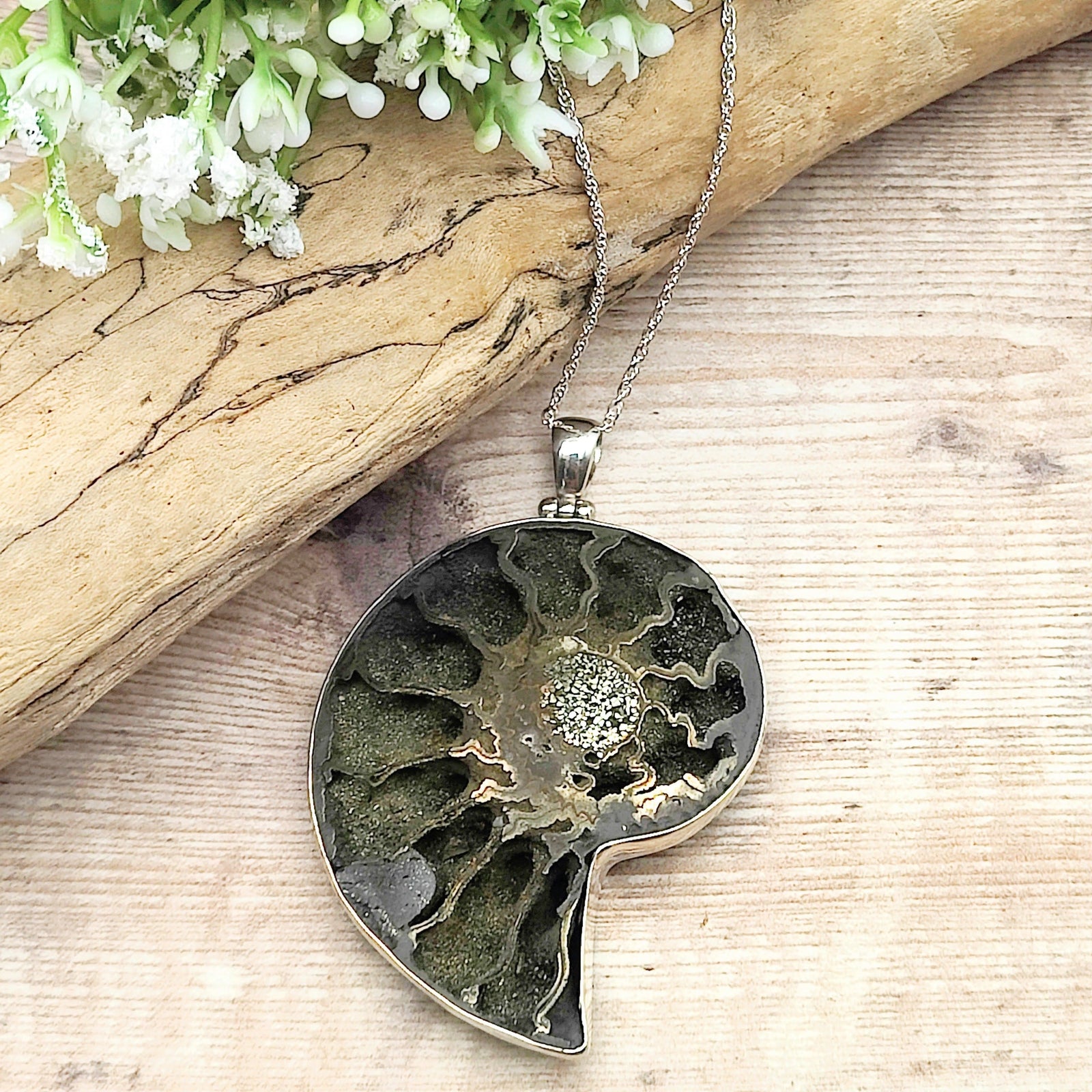 Pyrite Ammonite Pendant | 60mm Large Fossil Pendant | Sterling Silver ...