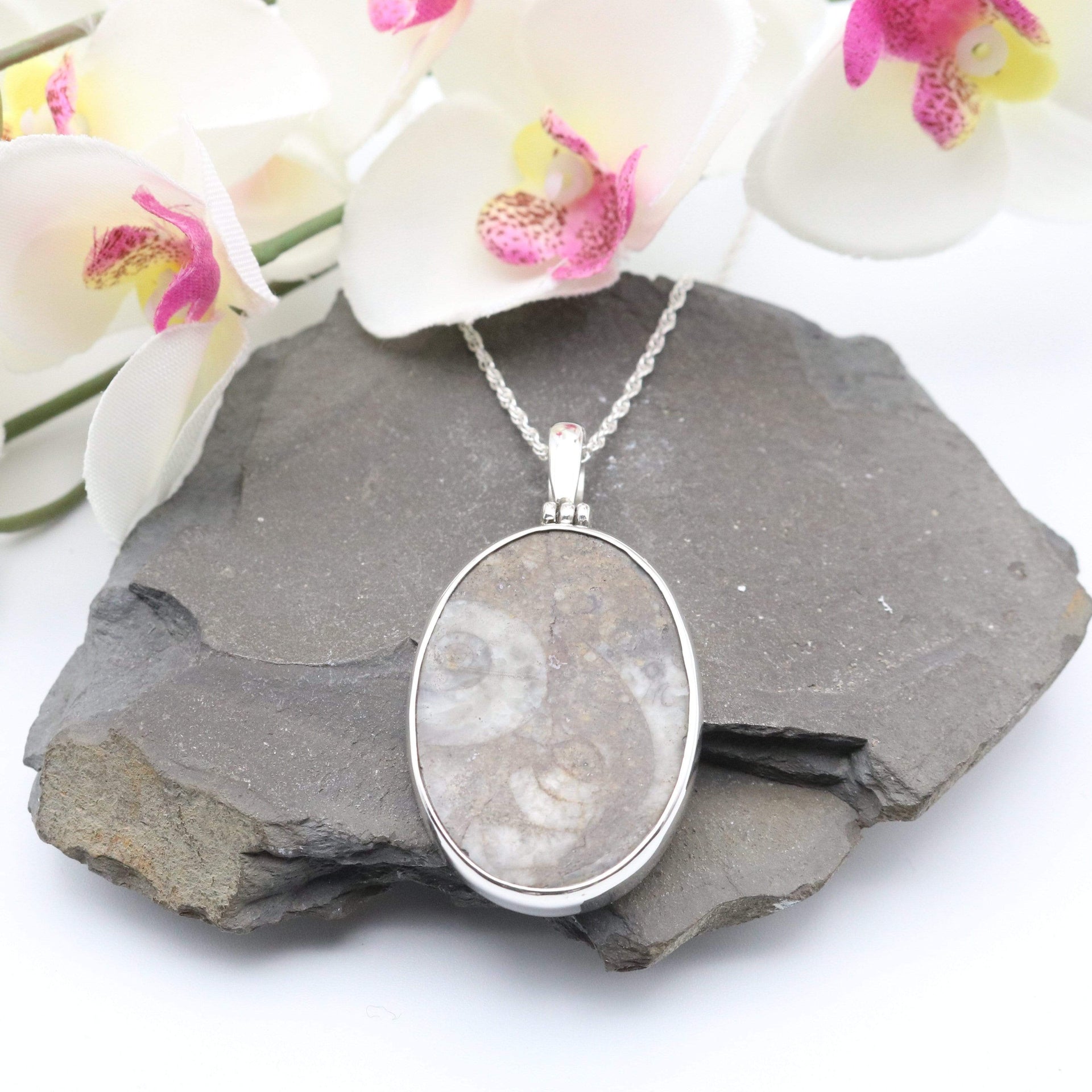 Fossilised Sea Creatures Pendant | 35mm Oval | Sterling Silver ...
