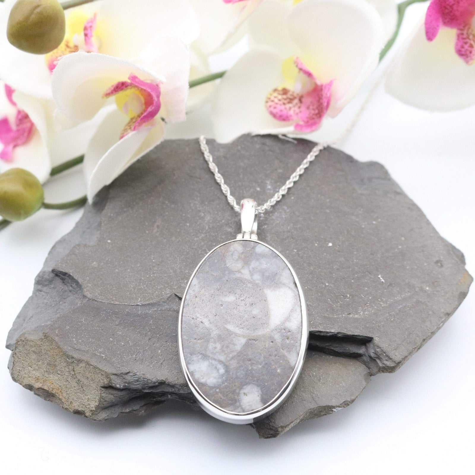 Fossilised Sea Creatures Pendant | 35mm Oval | Sterling Silver ...