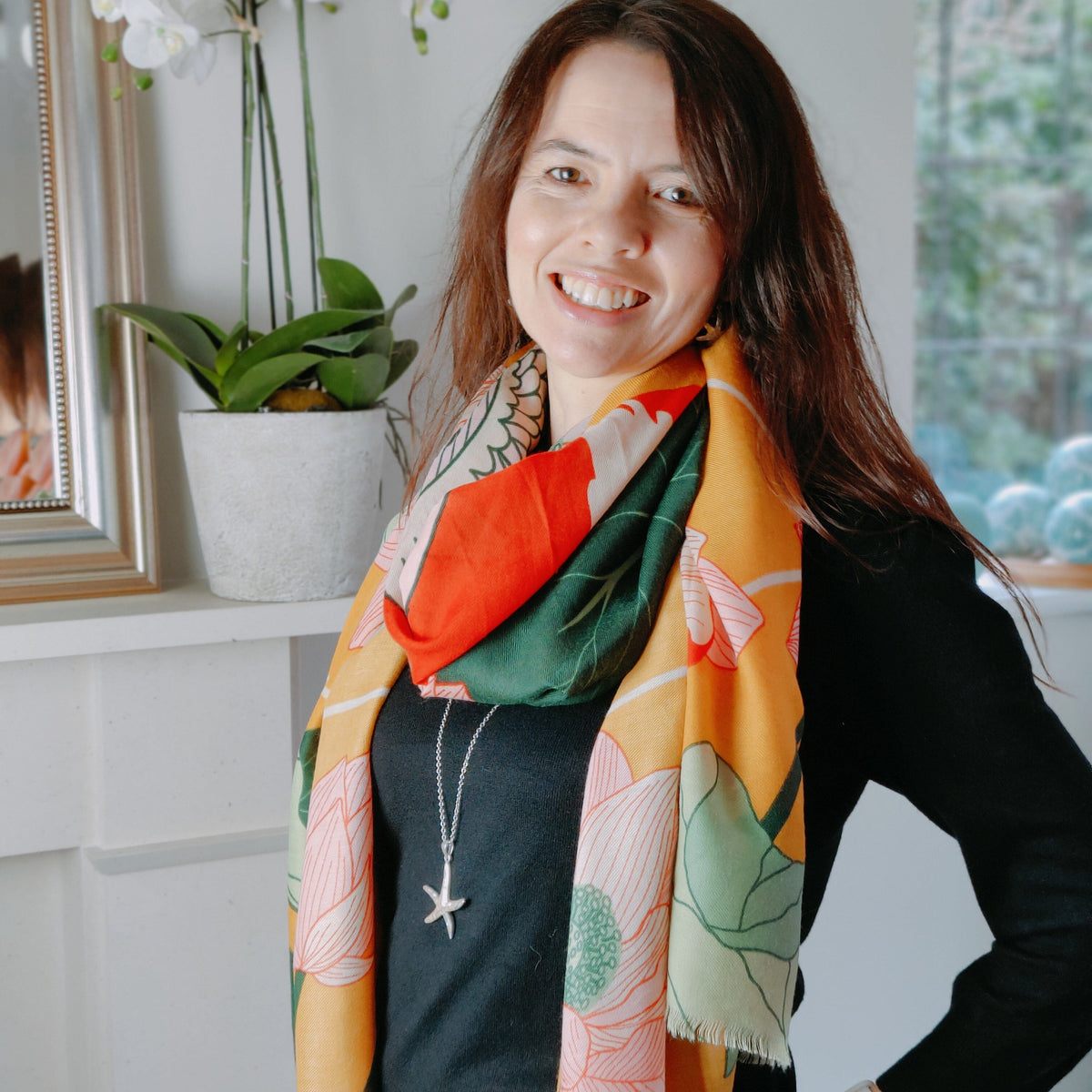 Powder Scarf | Crane Design Print | Yellow – Hepburn & Hughes Ltd